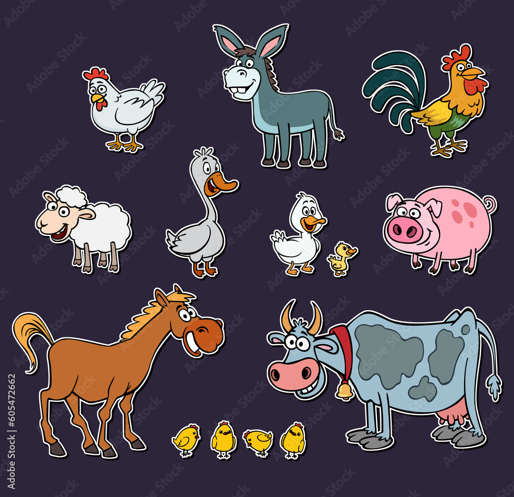 cartoon character farm animals chicken duck cow horse donkey rooster ...