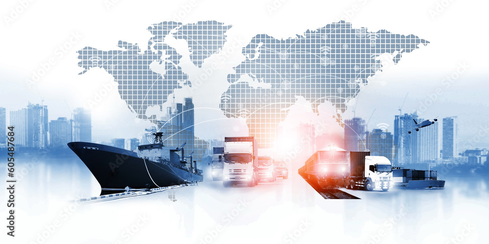 container truck ,ship in port and freight cargo plane in transport and ...