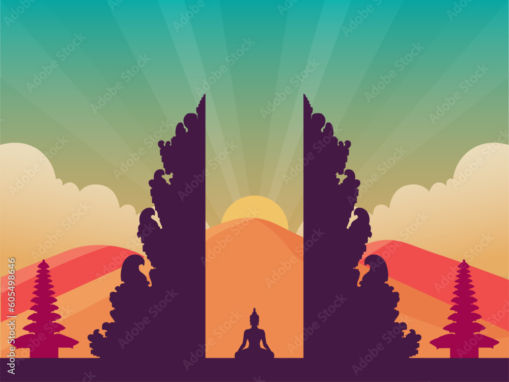 Vesak Day with Buddha Silhouette, Pura, temples, and mountains vector ...