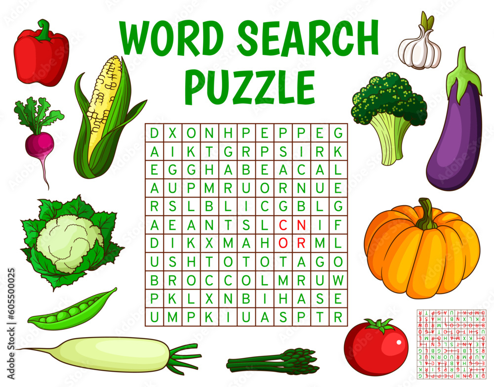Raw farm vegetables word search puzzle game worksheet. Vector quiz grid ...