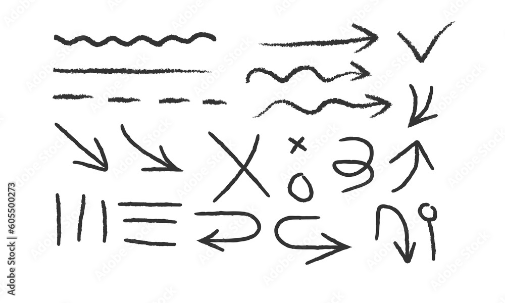Charcoal arrows, wavy lines, crosses and check marks vector icons set ...