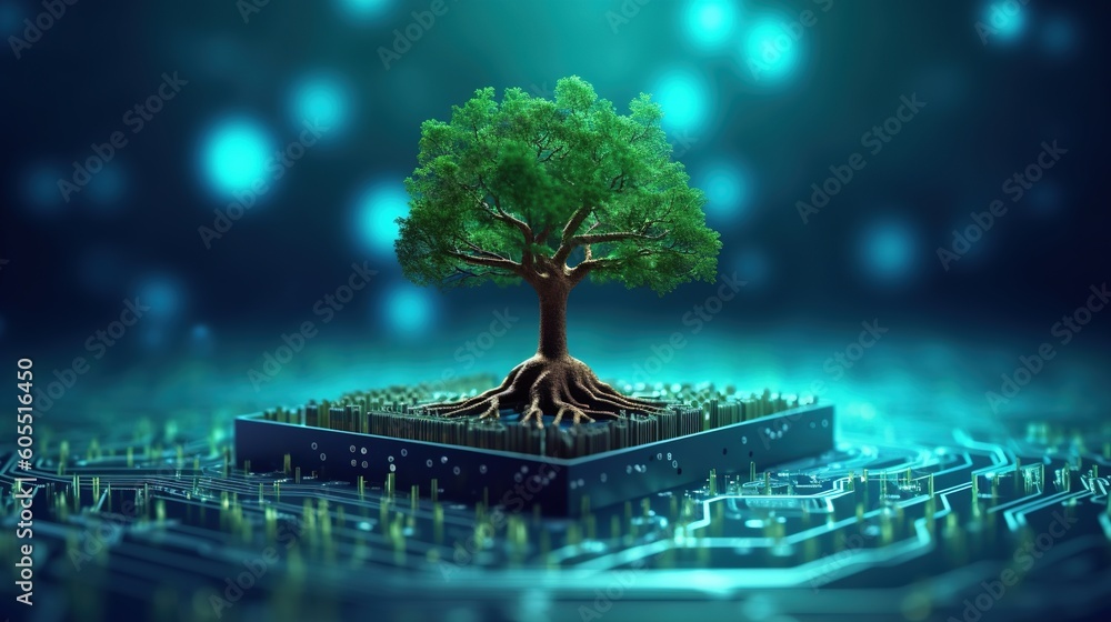 3D rendering of a green tree growing on the motherboard of a computer ...
