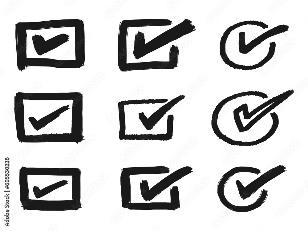 doodle set of check mark icon vector symbol. check mark or checkbox ...
