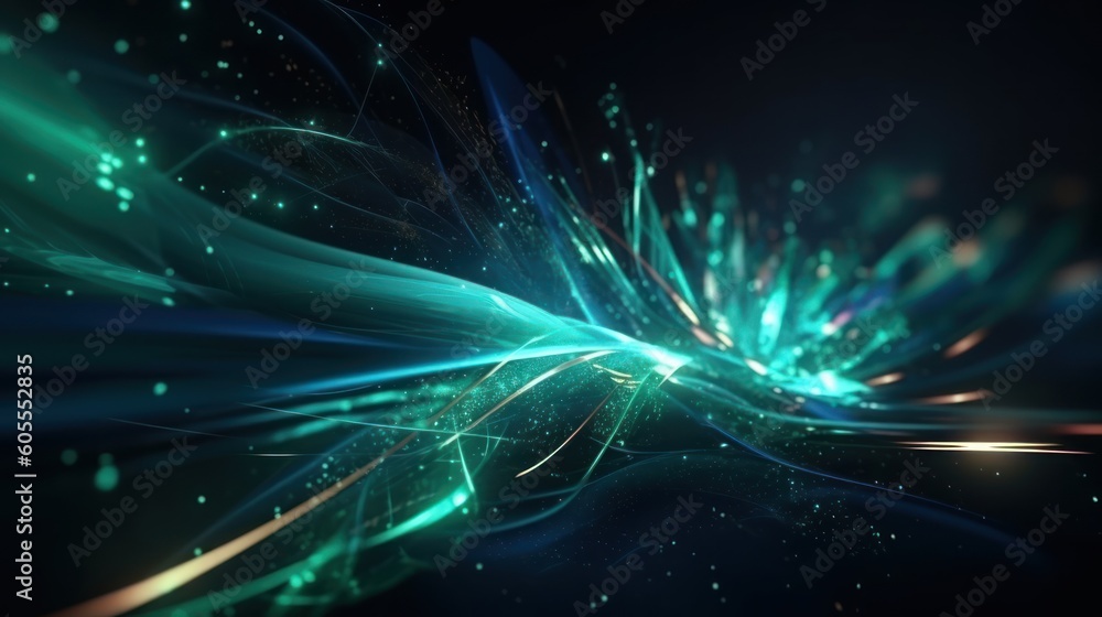 Abstract futuristic background with green and blue glowing neon moving high speed wave lines and ...