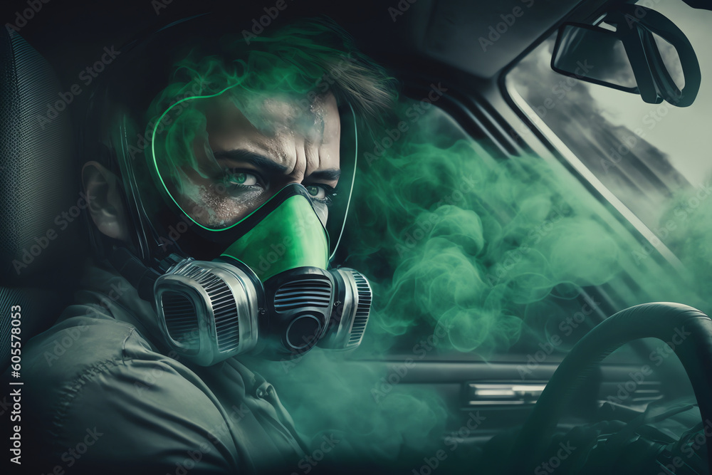 Driver wearing respirator or gas mask. Bad smell in the car. Concept of ...