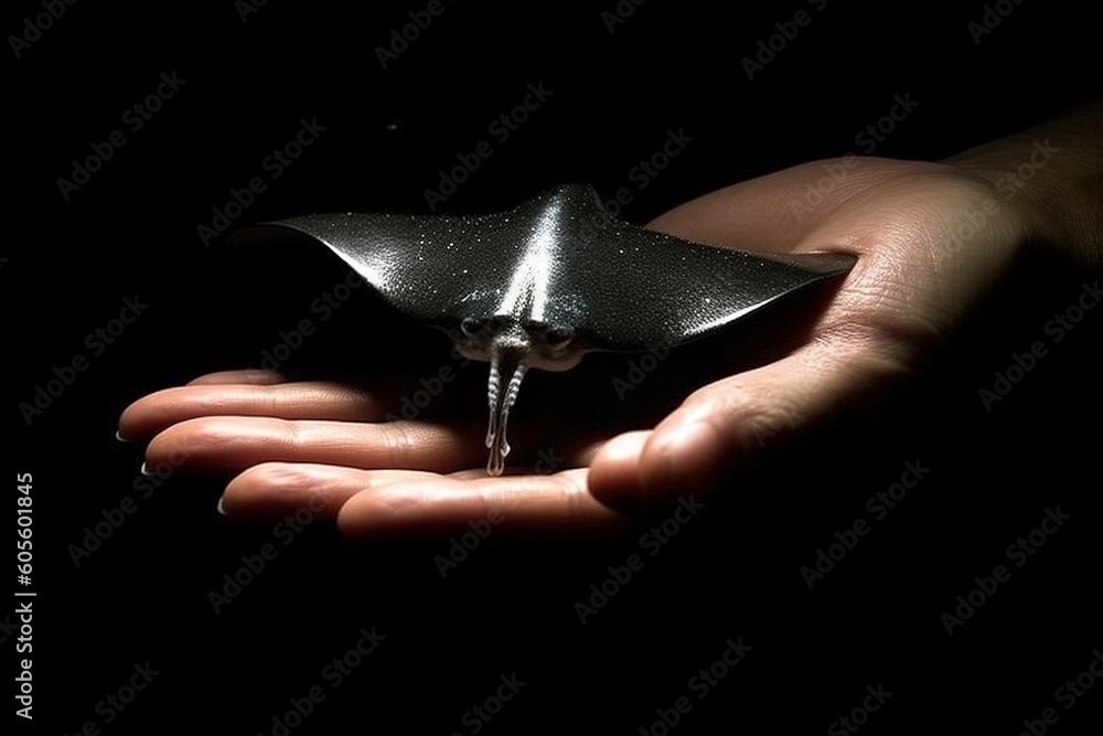 Manta Ray tiny smallest animal in the world standing on human hand illustration generative ai ...