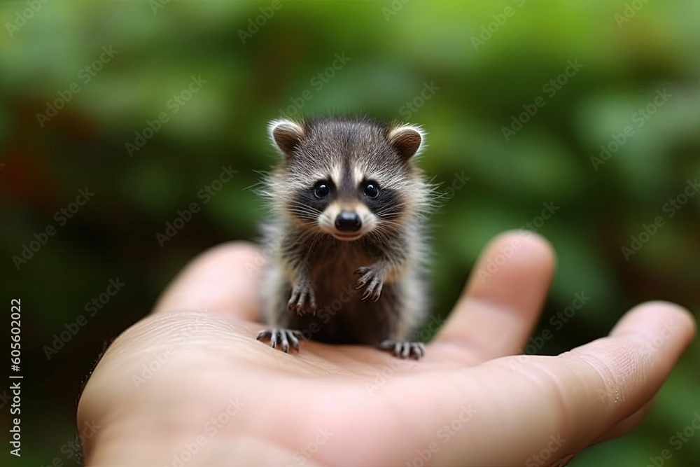 Raccoon tiny smallest animal in the world standing on human hand ...