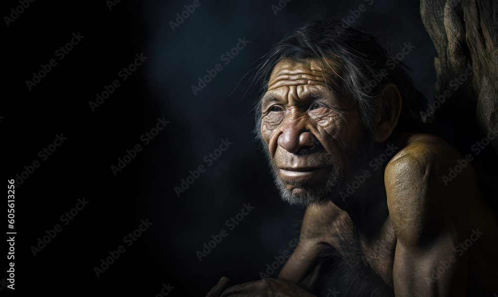 portrait photo of Neanderthal (archaic human) sitting in an ancient ...