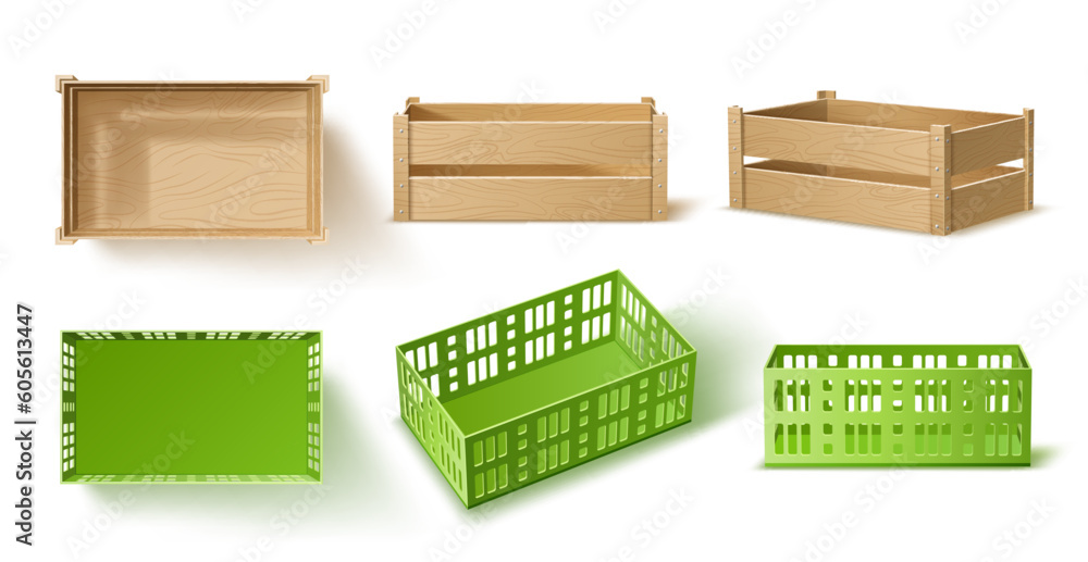 Empty wooden and plastic crates. Realistic boxes for bottles ...