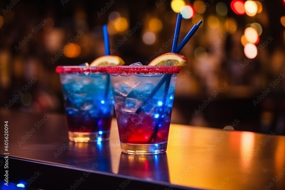 American flag-themed cocktails on a bar counter, Independence Day ...