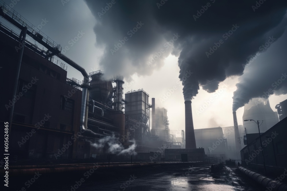 industrial factory, with smoke billowing from its chimneys and air pollution visible in the ...