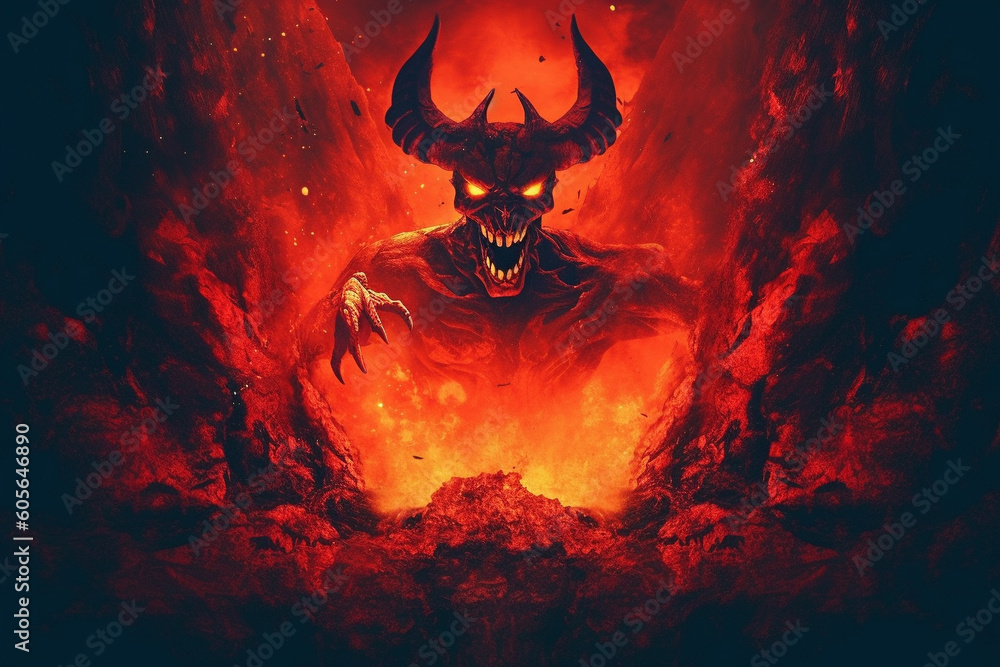 Concept of hell. Fierce flames and raging fire surround a ...