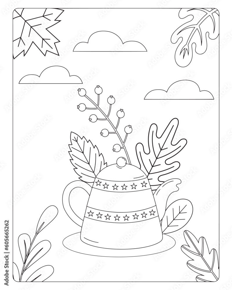 A cozy autumn teapot scene for coloring fun featuring beautiful leaves ...