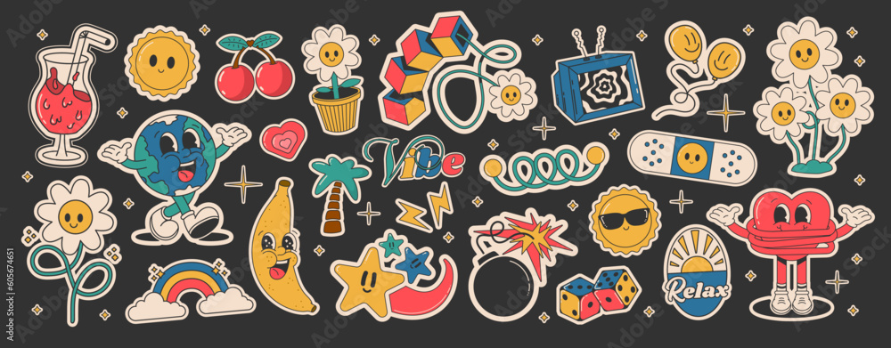 Cartoon groovy stickers 70s. Cute retro characters. Hippie style, set ...