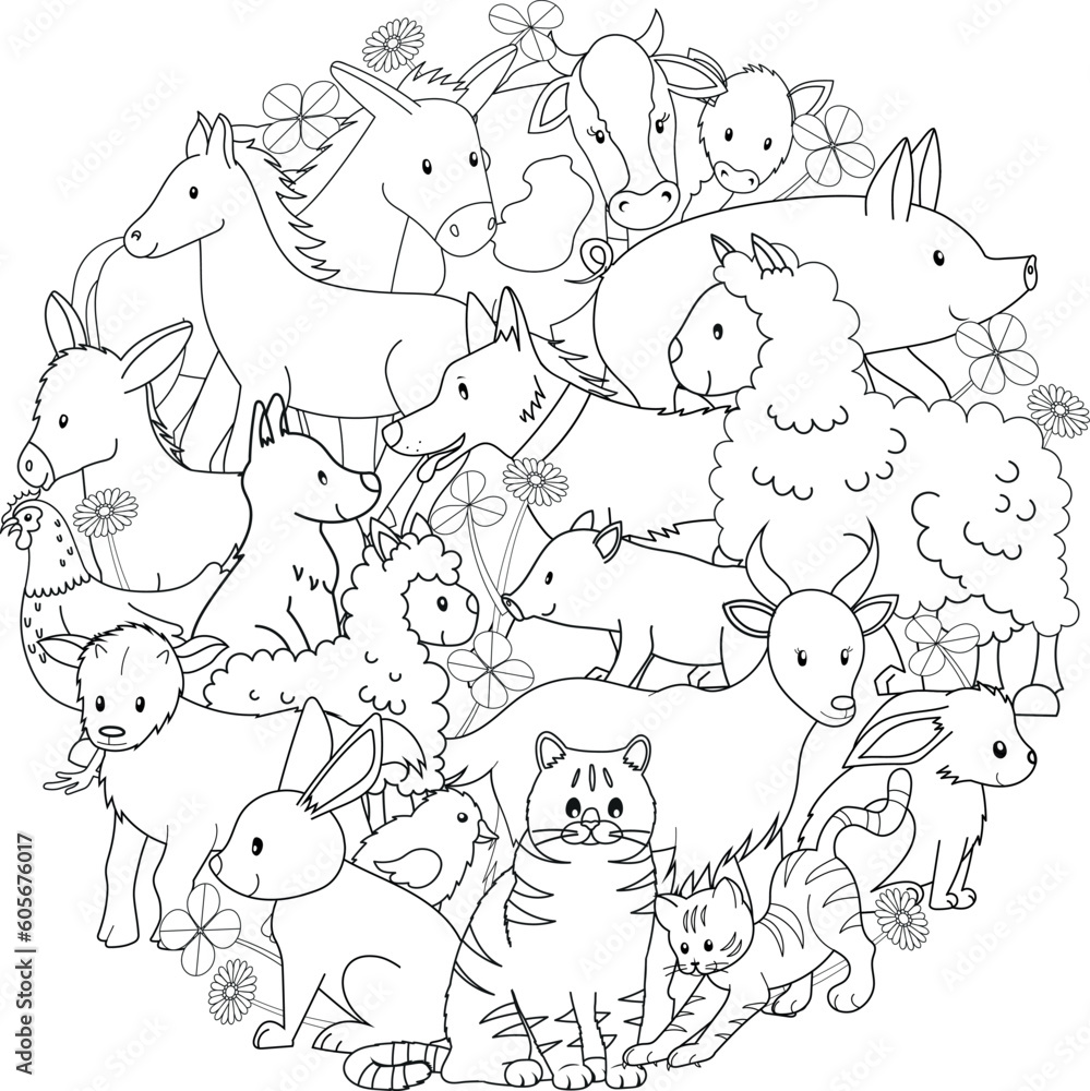 Circle shape doodle coloring page with farm animals. Activity for kids ...
