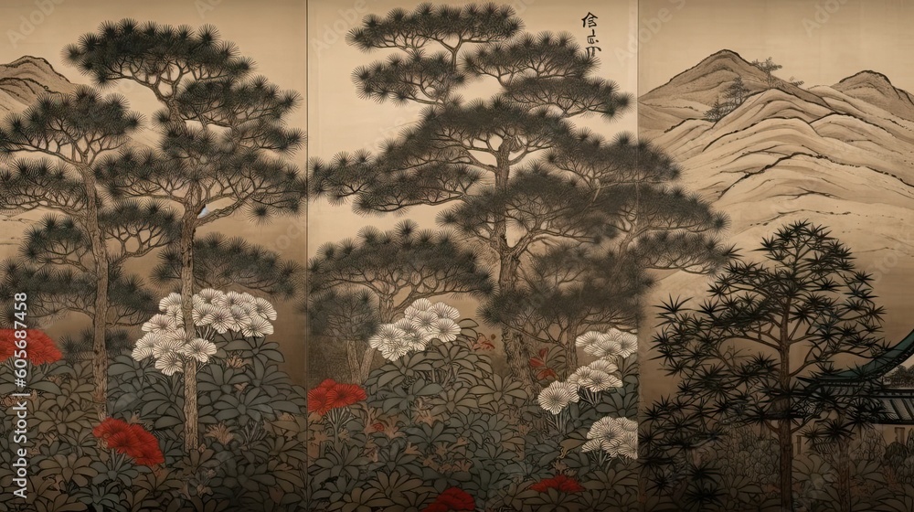 Grove of pine trees on a mountain in traditional Japanese Ukiyoe ...