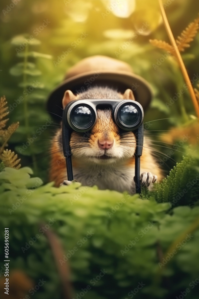 The chipmunk wearing a safari hat and binoculars, peeking out from a ...