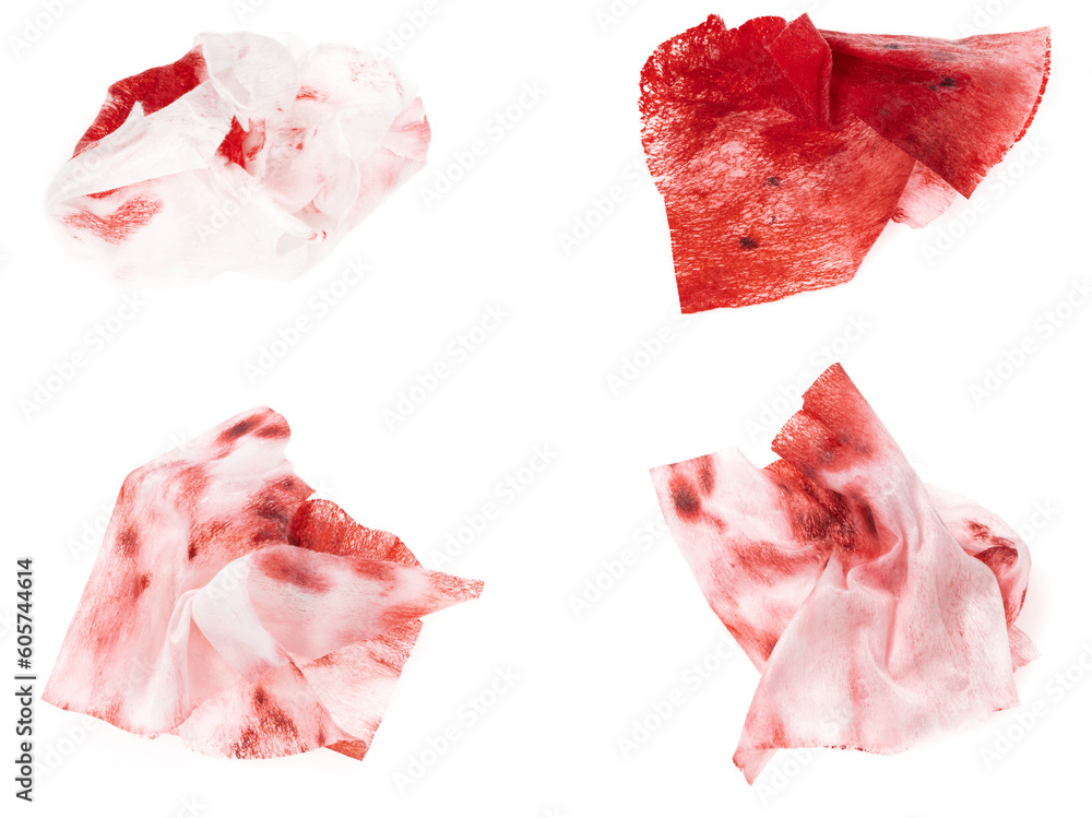 Bloody wet wipes isolated on white background. napkins stained with ...