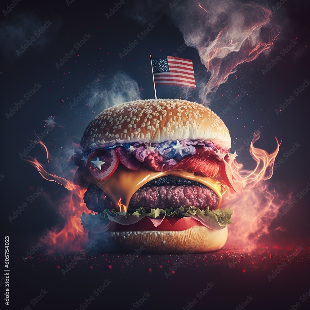 Concept art of a hamburger with the American flag, fireworks, splashes ...
