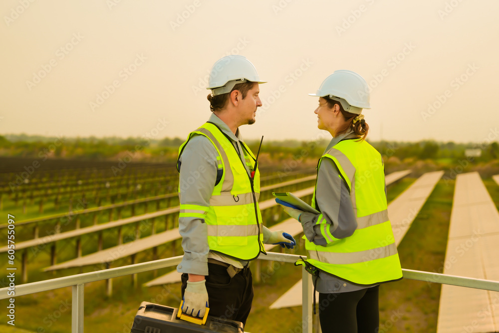 Engineers inspecting construction of solar panel at roof top. solar ...