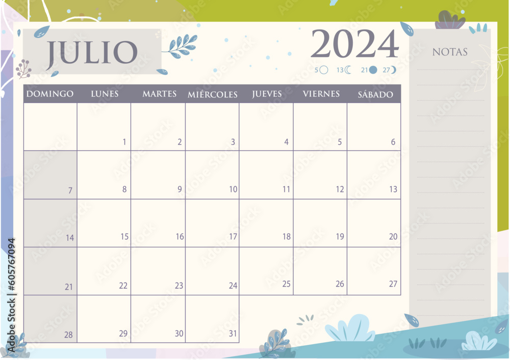 Calendario Planificador 2024 en Español - Mes de Julio Stock Vector ...