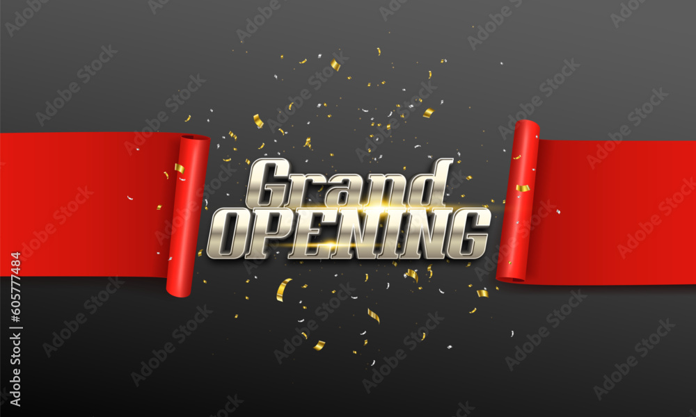 Grand opening. Banner with confetti and red ribbon. Ceremony ...