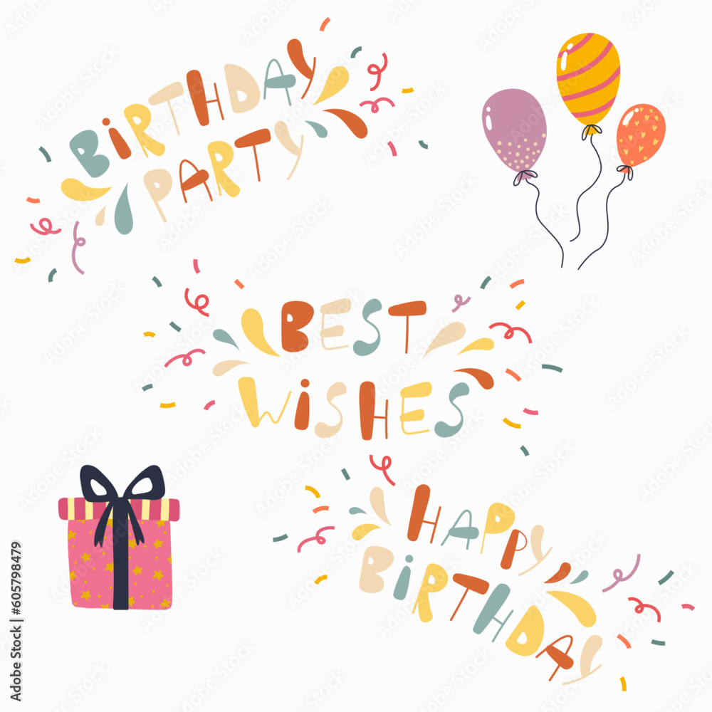 Happy birthday hand lettering set for greeting cards. Cute colorful ...