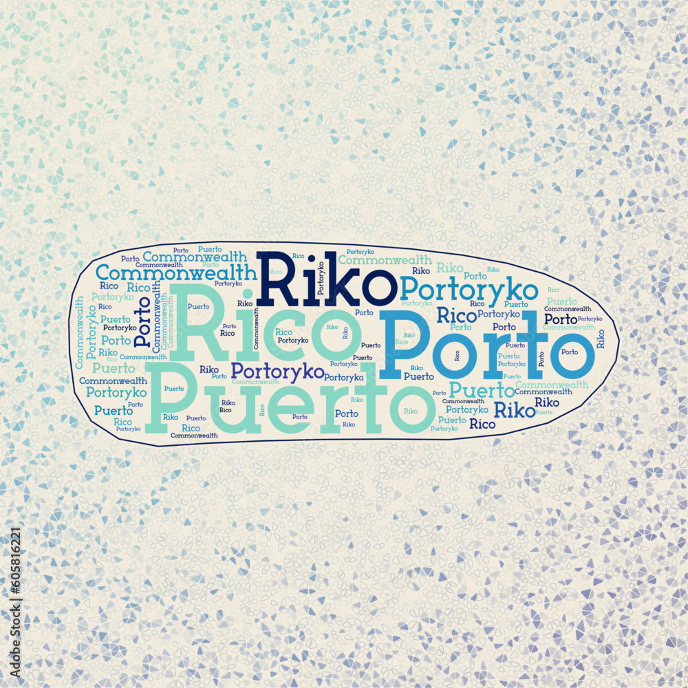 Puerto Rico shape with country names word cloud in multiple languages ...