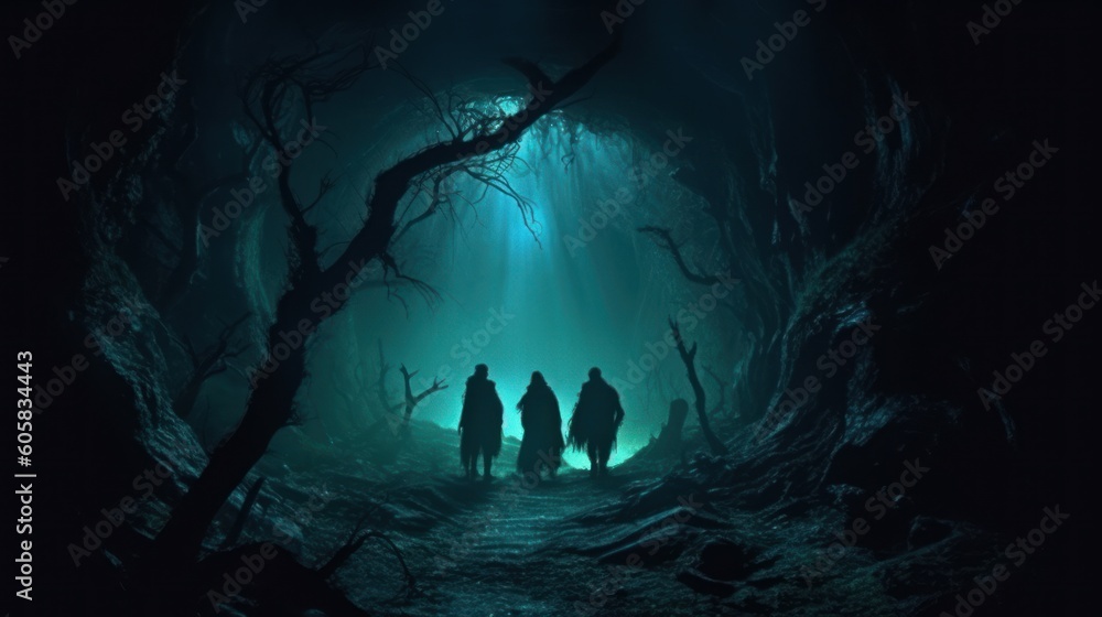 Dark and eerie scene depicting an underworld realm, where ethereal ...