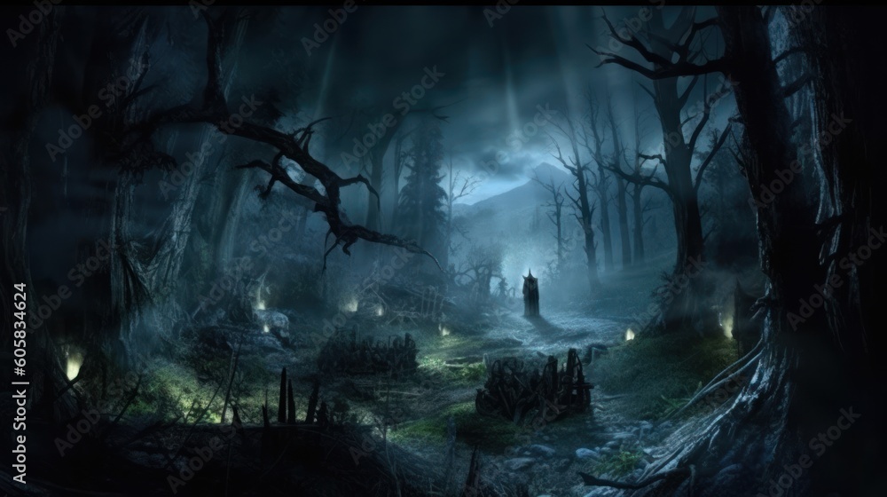 Dark and eerie scene depicting an underworld realm, where ethereal ...