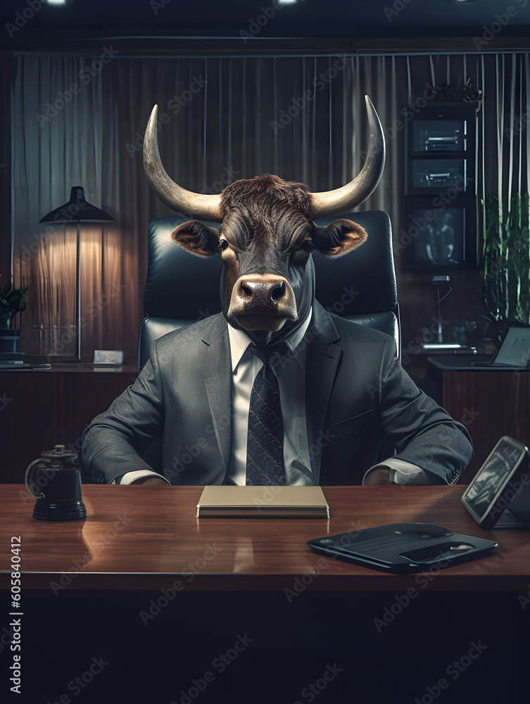 Generative Ai: bull as animal boss wearing suit in the office. Stock ...