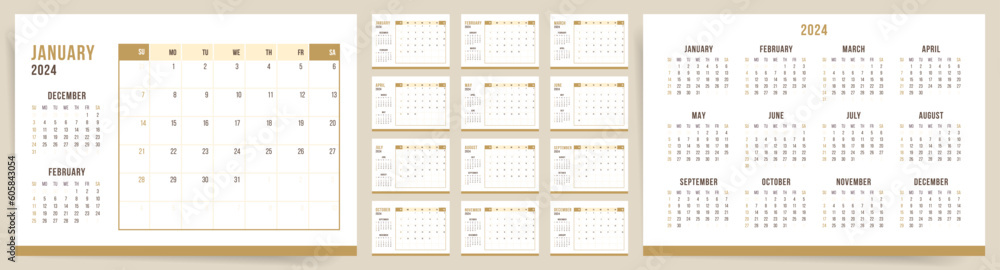 Desk simple 12 months business calendar for 2024 year. Table or Desktop ...