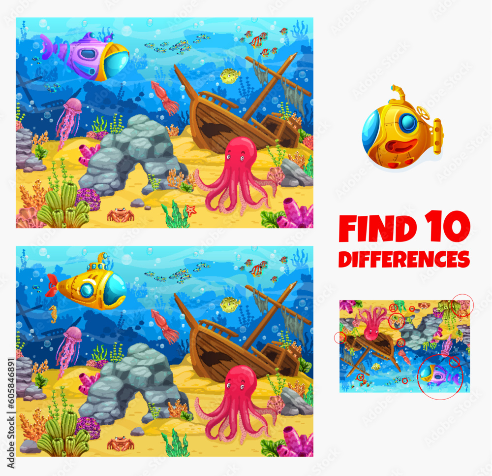 Find ten differences on sea underwater landscape. Cartoon vector kids ...