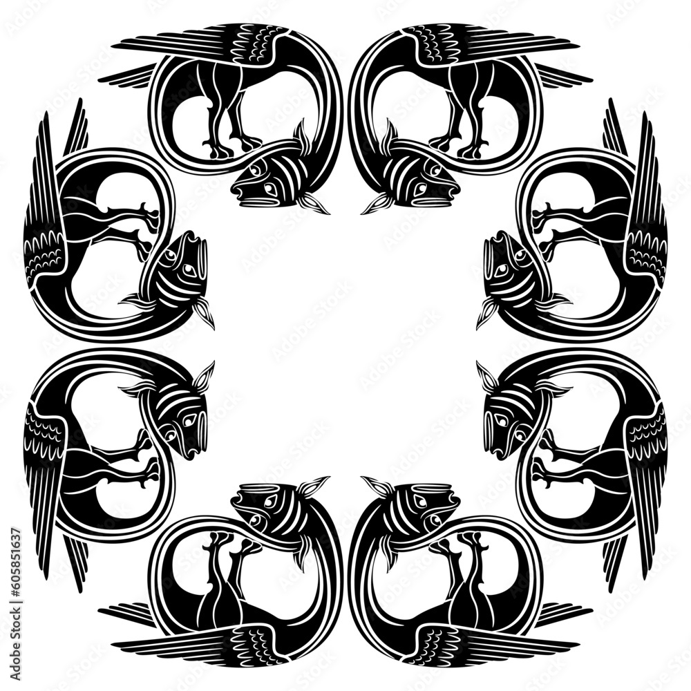 Square animal frame with winged medieval dragons. Illuminated ...