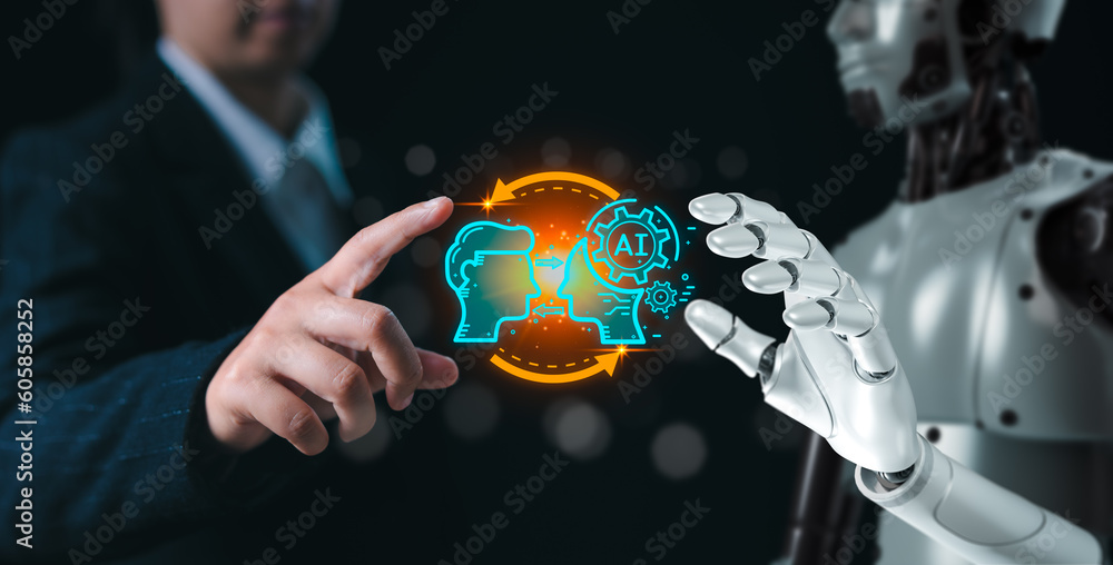 Human and robot hand as a symbol of connection between people and AI technology with chatbot ...