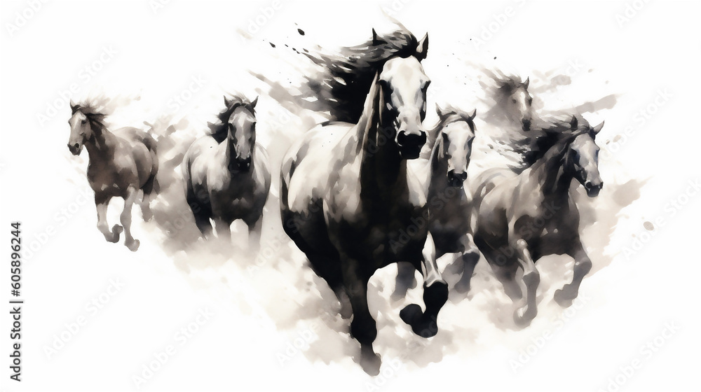 Generative AI, Unbridled Freedom: Watercolor Drawing of a Herd of Wild ...