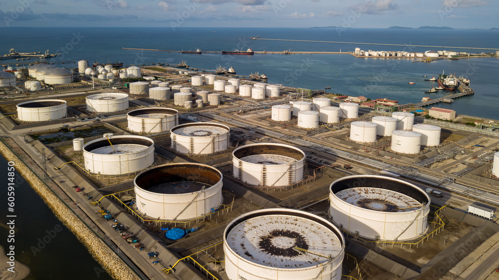 Aerial view oil storage tank farm and oil terminal, Tank farm storage ...