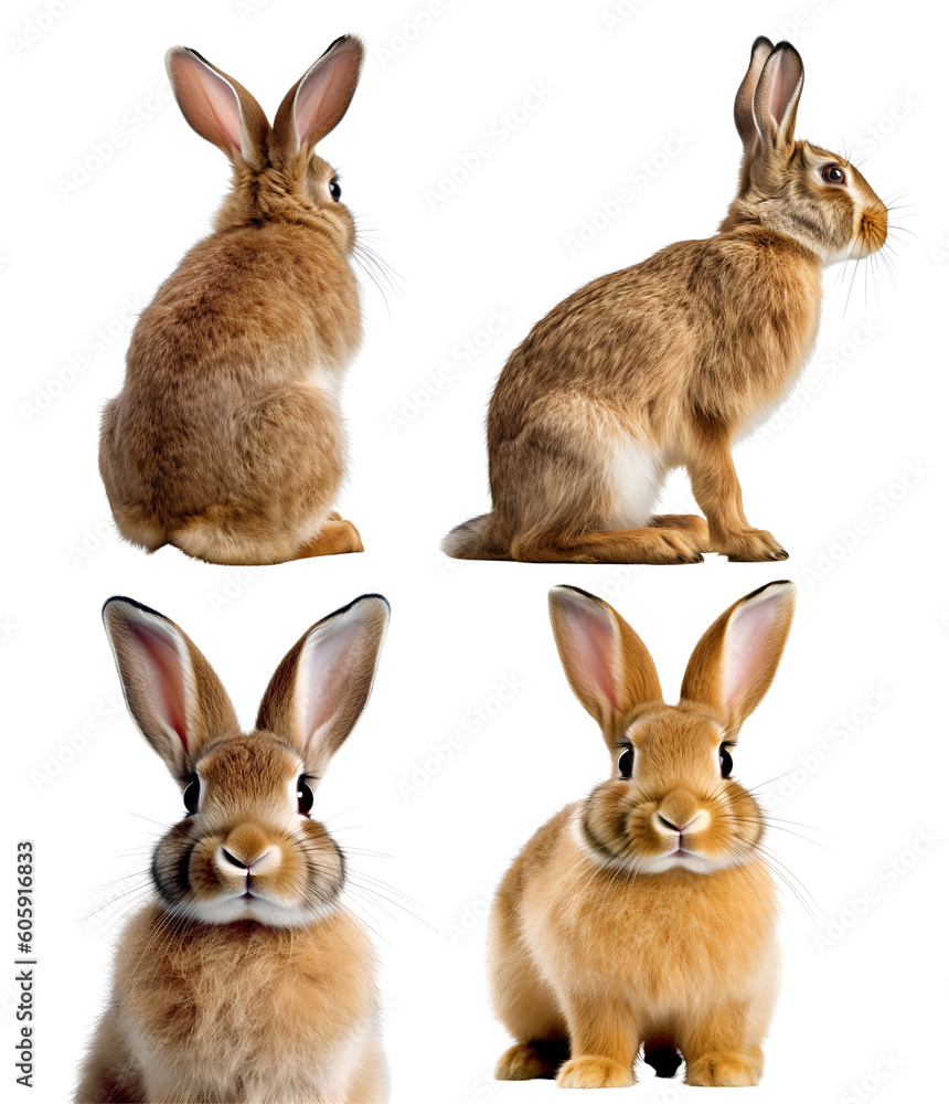 Brown bunny rabbit hare, many angles and view portrait side back head ...