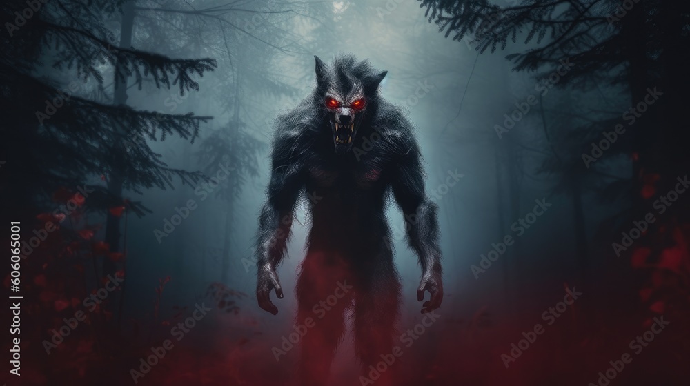 Illustration Stock Sinister werewolf with red eyes in gloomy night ...