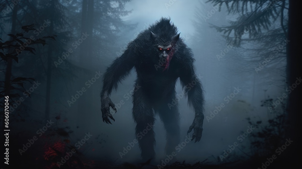 Sinister werewolf with red eyes in gloomy night forest shrouded in mist ...