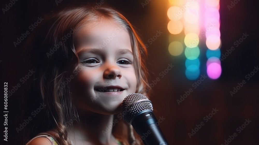 Little singer girl sing song to microphone on stage, attractive singer ...
