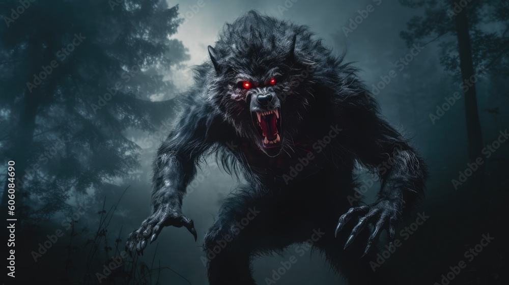 Sinister werewolf with red eyes in gloomy night forest shrouded in mist ...