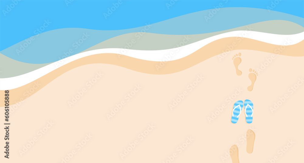 Footprints and flip flops on the sand near the sea waves with copy ...