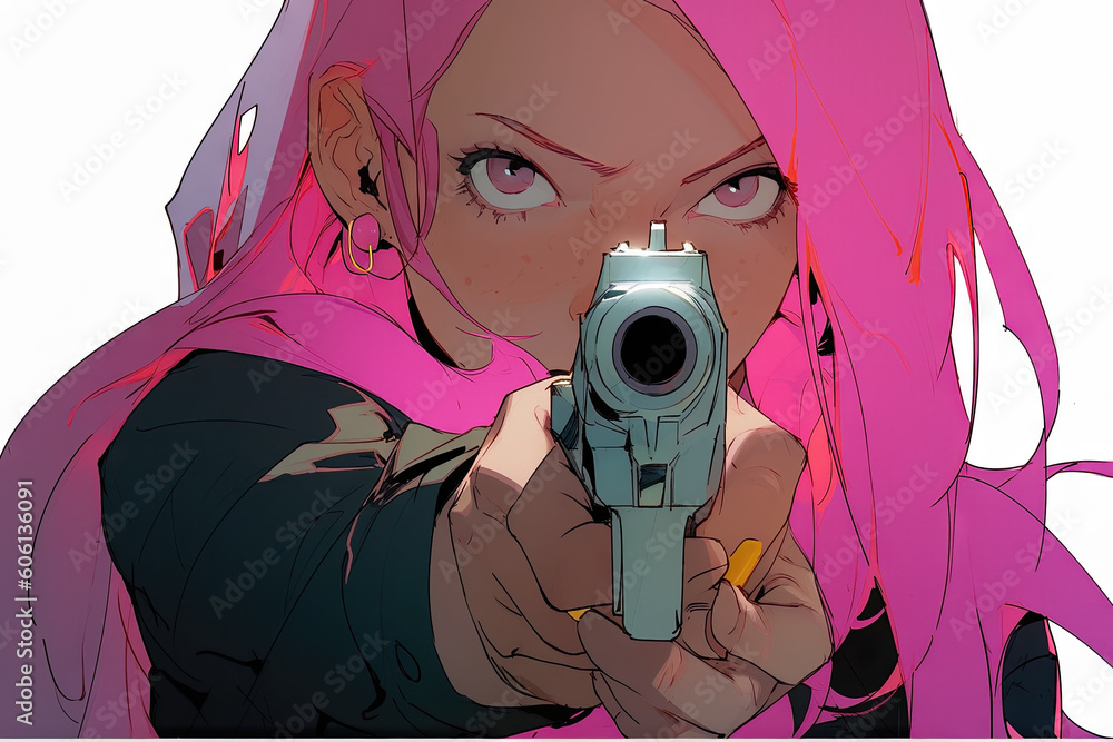 Badass anime girl with a gun and pink hair Stock Illustration | Adobe Stock