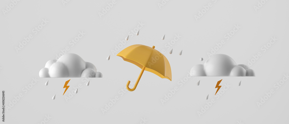3d cartoon icon rain season background. 3d clouds and rain on white ...