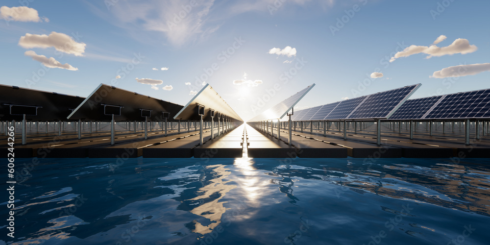 3d rendering of floating solar, floatovoltaics or solar farm consist of ...
