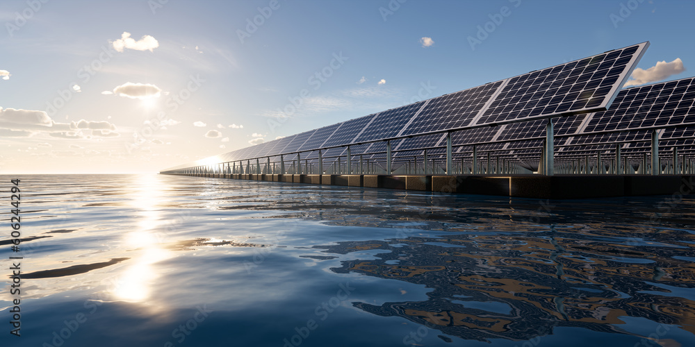 3d rendering of floating solar, floatovoltaics or solar farm consist of ...