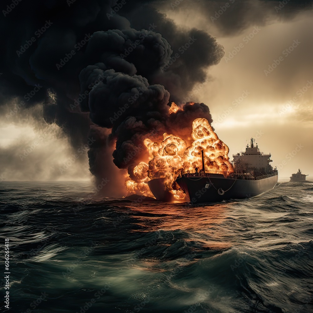Fire on a cargo ship. A ship carrying liquefied gas is engulfed in ...