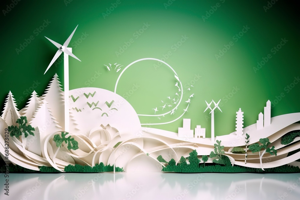 Paper art, renewable energy with green energy such as wind turbines ...