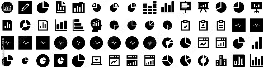 Set Of Chart Icons Isolated Silhouette Solid Icon With Diagram, Vector ...